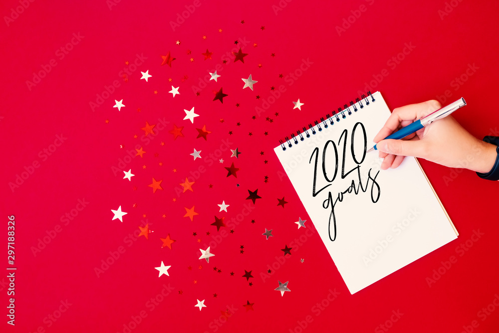 2020 new year xmas goal, plan, action text on notepad with office ...