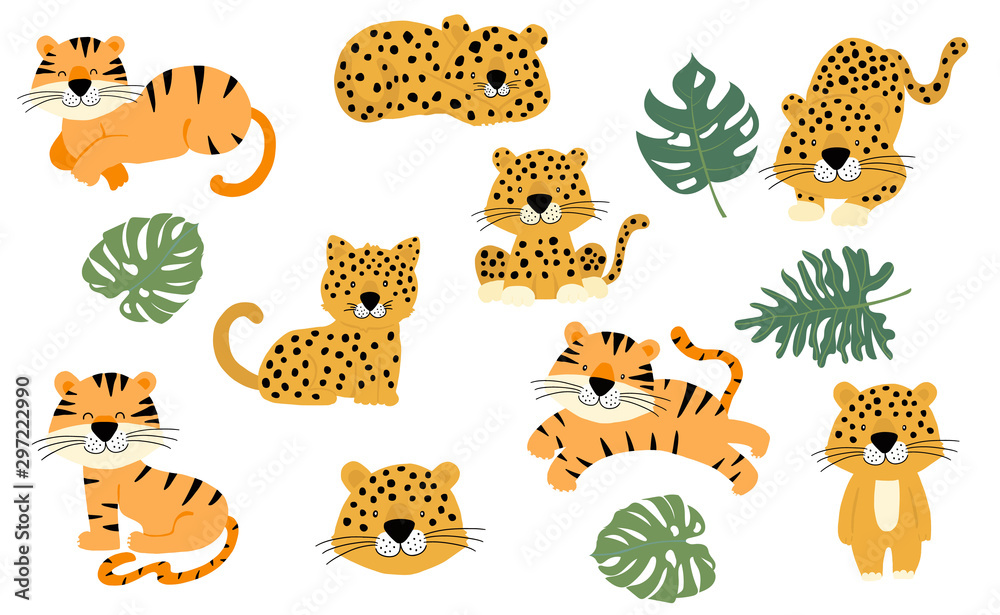 Cute animal object collection with leopard,tiger. illustration for icon ...