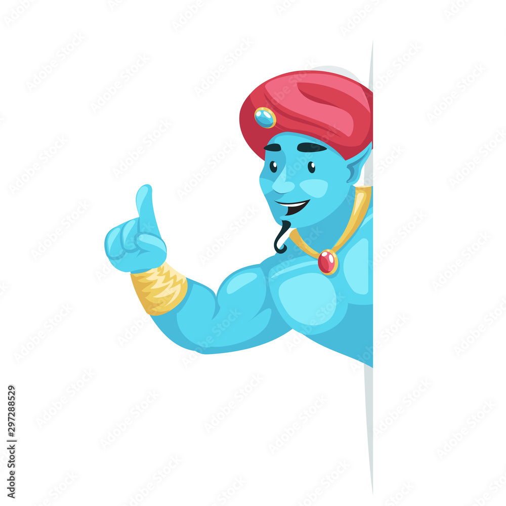 Pointing finger up arabian genie turban look out corner cartoon ...