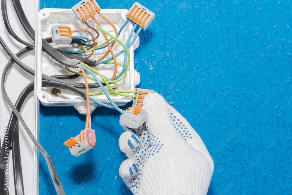 electrical wires in the box. wires without insulation. security Stock ...