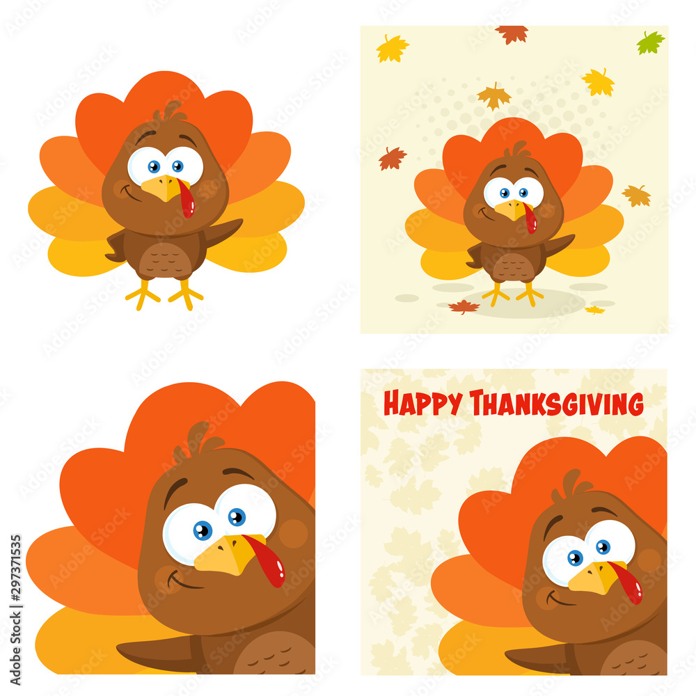 Cute Turkey Bird Cartoon Character Set 2. Flat Vector Collection ...
