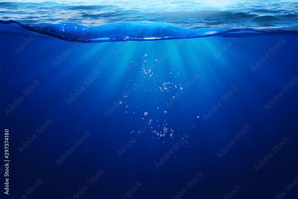 Deep Blue Sea Under Water Light Ray Through on Wavy Sea Surface And ...