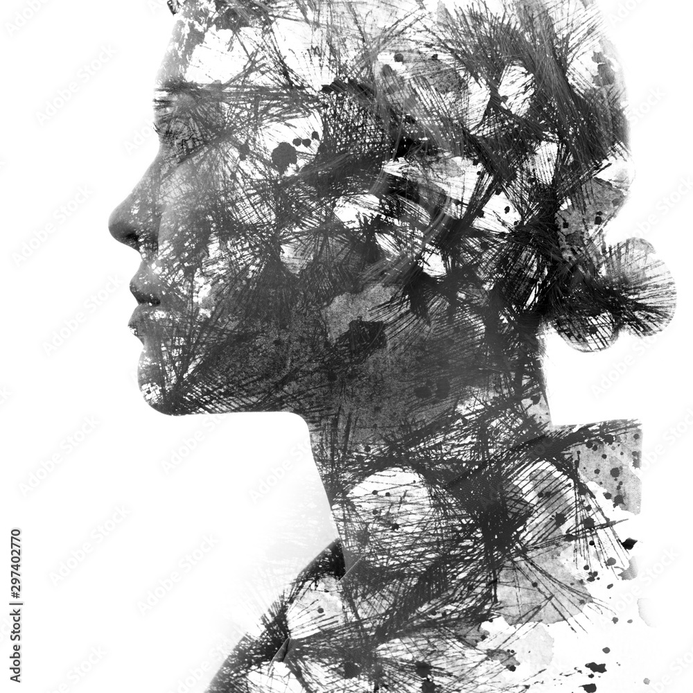 Paintography. Double exposure portrait of an attractive blonde woman ...