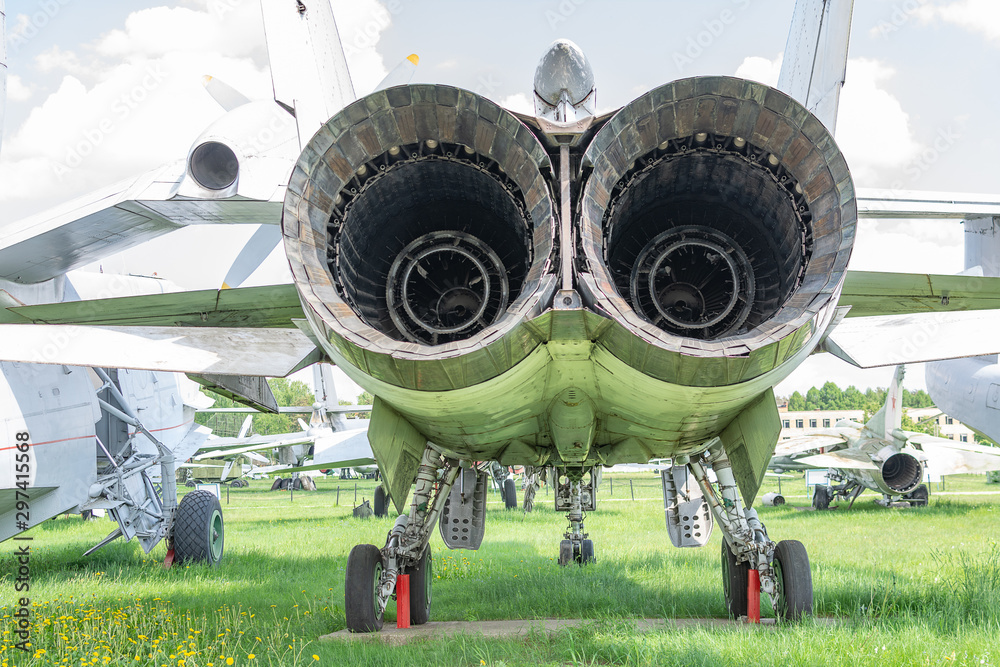 Stock-Foto „combat fighter turbines, aircraft engine nozzles, rear view ...