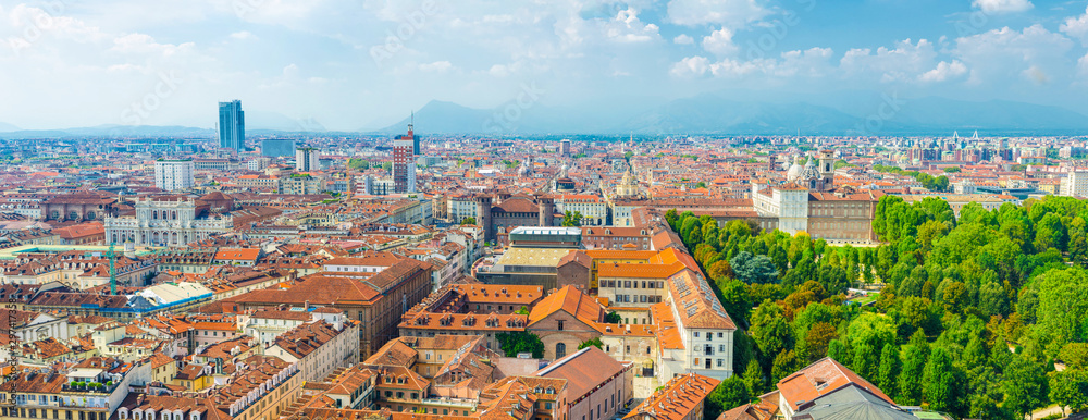 Aerial top panoramic view of Turin city historical centre, Royal Palace ...