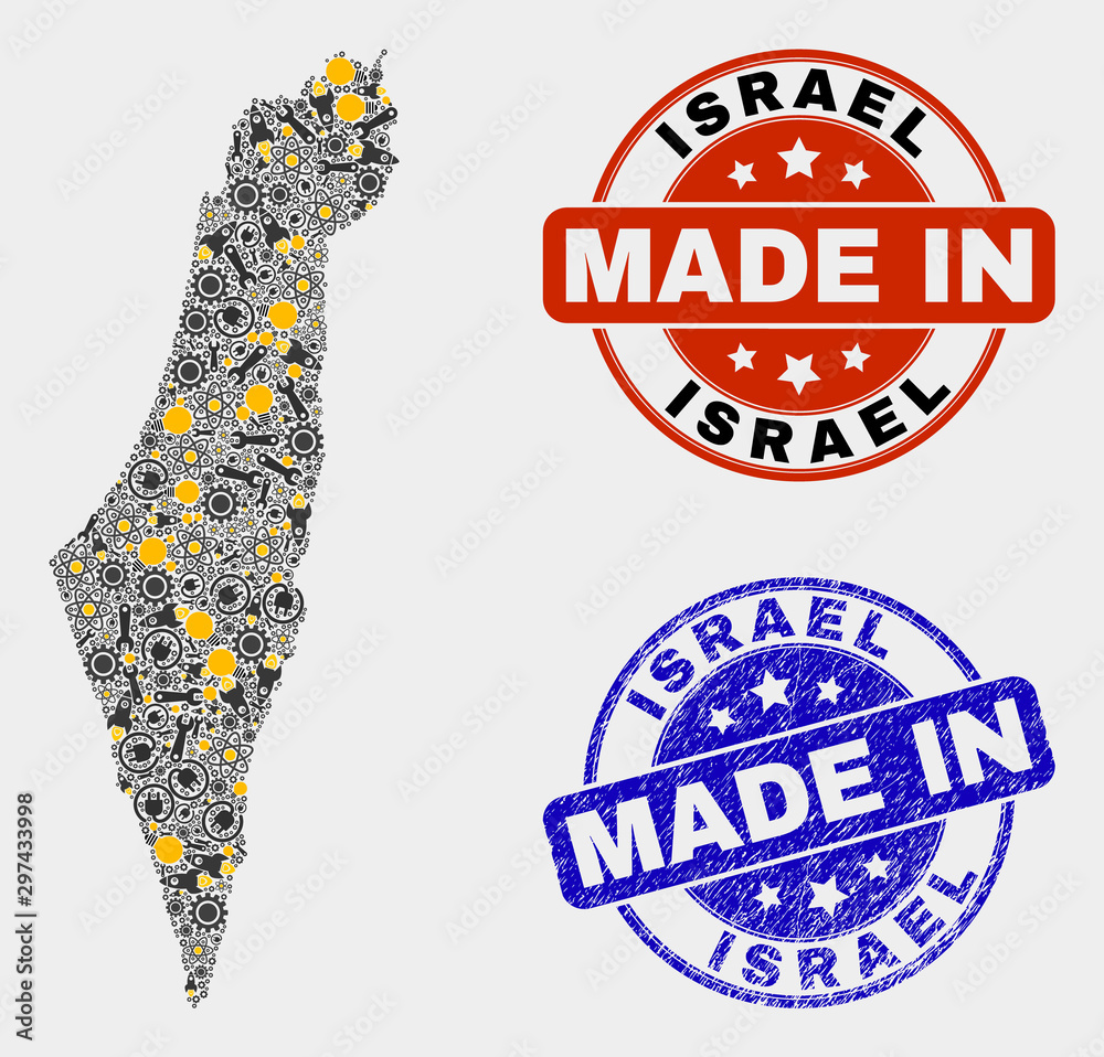 Mosaic industrial Israel map and blue Made In scratched stamp. Vector ...