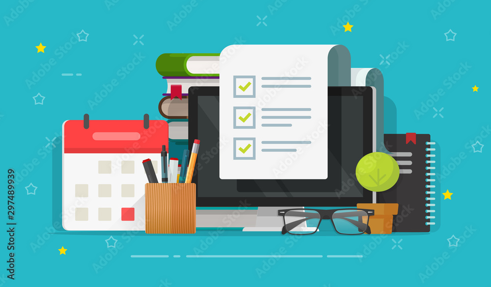 Checklist survey document on computer and working desk table vector ...