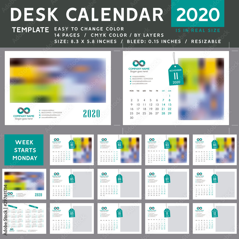 Desk calendar 2020, desktop calendar template, green calendar, week ...