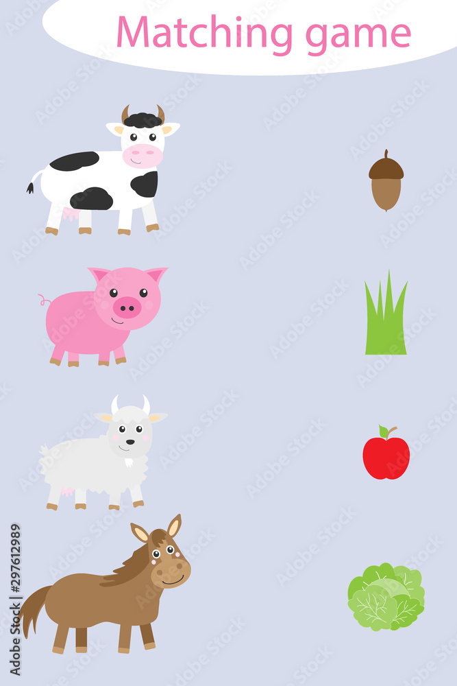 What they eat, matching game with farm animals for children, fun ...