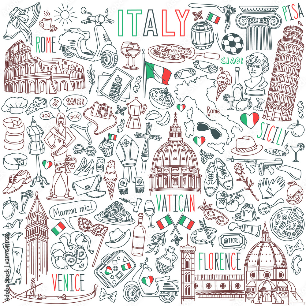 Italy doodle set. Famous landmarks and traditional Italian symbols ...