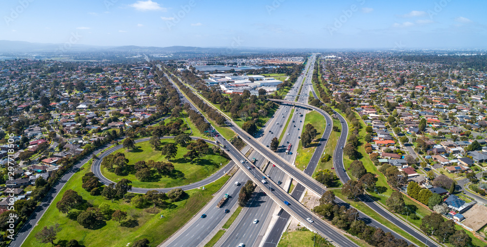 Typical road interchange in Melbourne suburbs - aerial panorama Stock ...