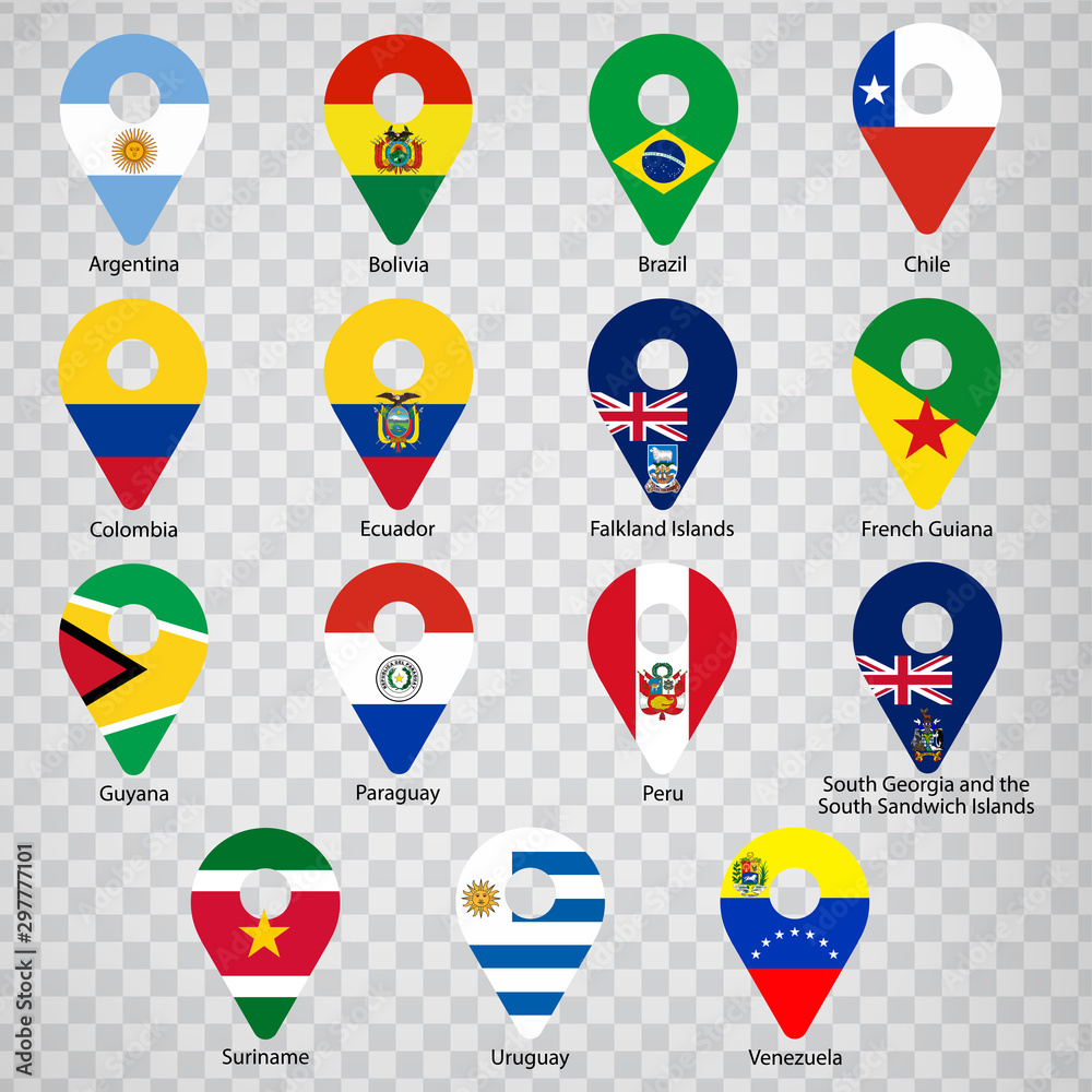 Fifteen Flags of South American countries - alphabetical order with name. Set of 2d geolocation ...