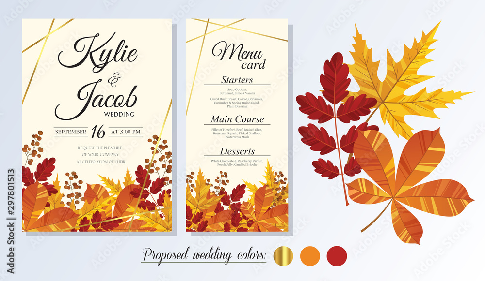 Wedding Invitation, menu card. Leaves design autumn foliage collection ...