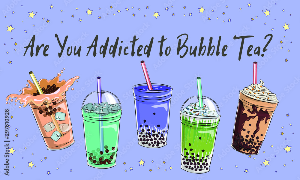 Bubble tea cup design collection, Yummy drinks, soft drinks with doodle ...