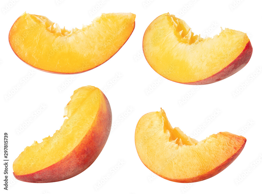 Isolated peaches. Collection of peach slices, pieces isolated on white ...