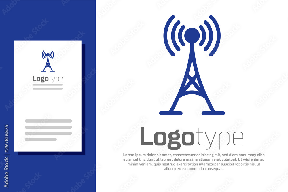 Blue Antenna icon isolated on white background. Radio antenna wireless ...
