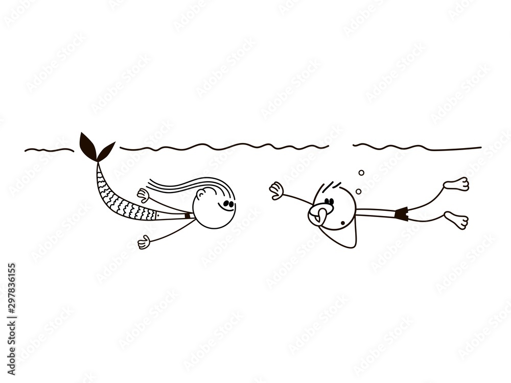Doodle stick figure: boy swim and dive underwater. Boy and marmaid ...
