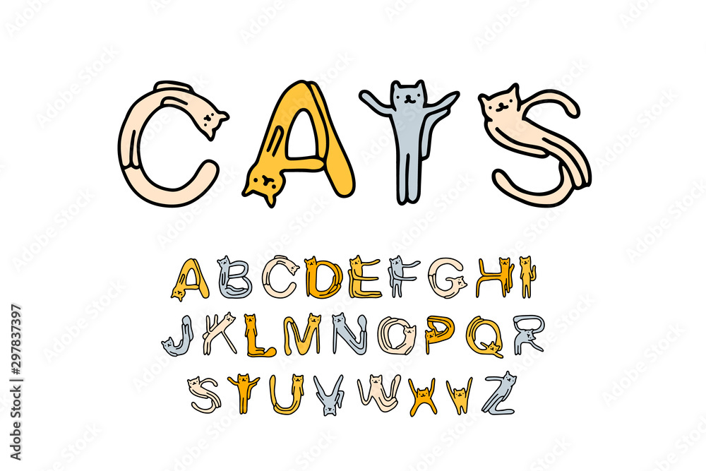 Cats hand drawn vector font type in cartoon comic style with domestic ...