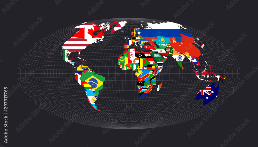 World Flag Map. Hammer projection. Map of the world with meridians on ...