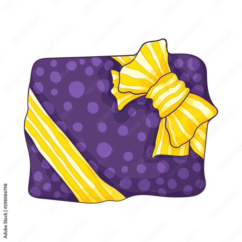 Violet gift box with dots print and yellow ribbon bow with stripes on ...