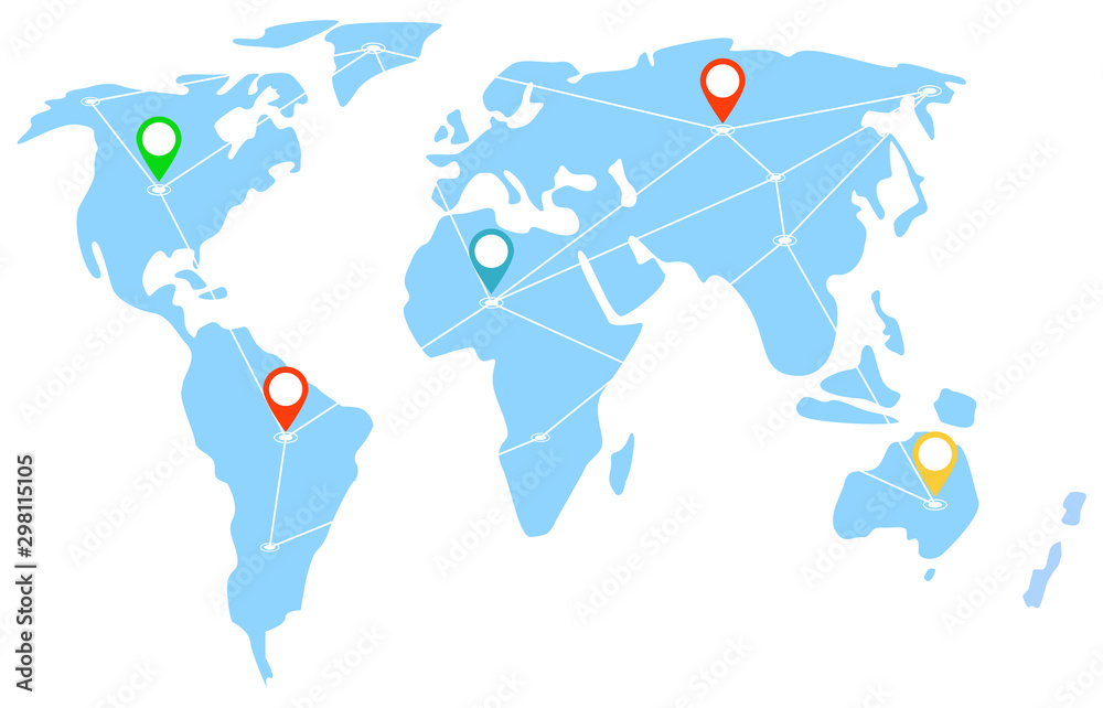 Map with location pointers connected with lines, continents with countries and geotag ...