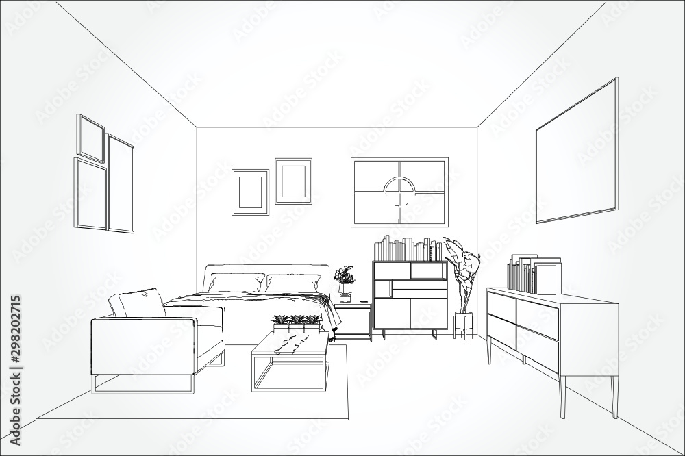 Linear sketch of an interior. Living room and bedroom drawing plan ...