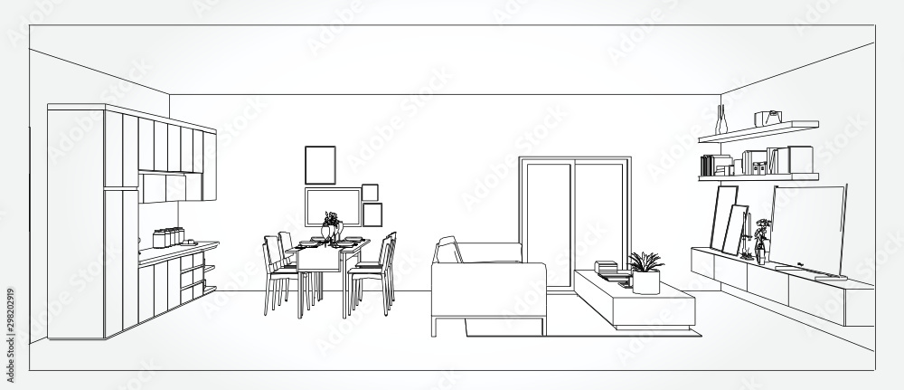 Linear sketch of an interior. Living room and bedroom drawing plan ...