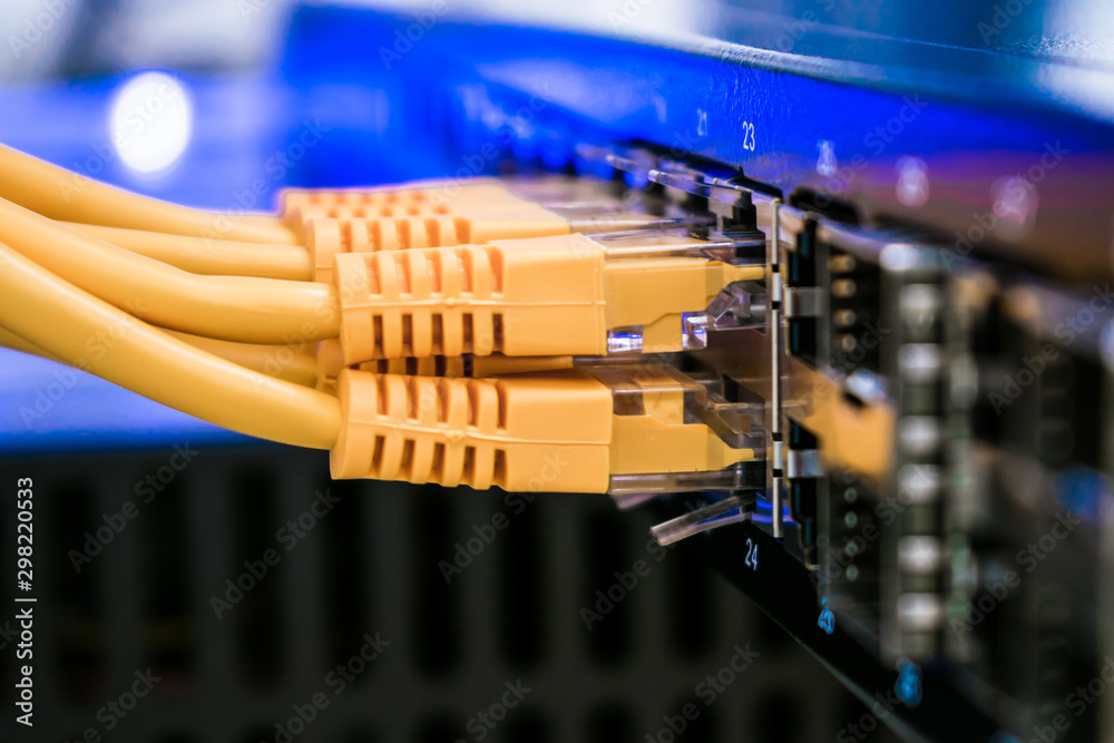 Utp wires are in the office router close-up. Internet cable is in the ...