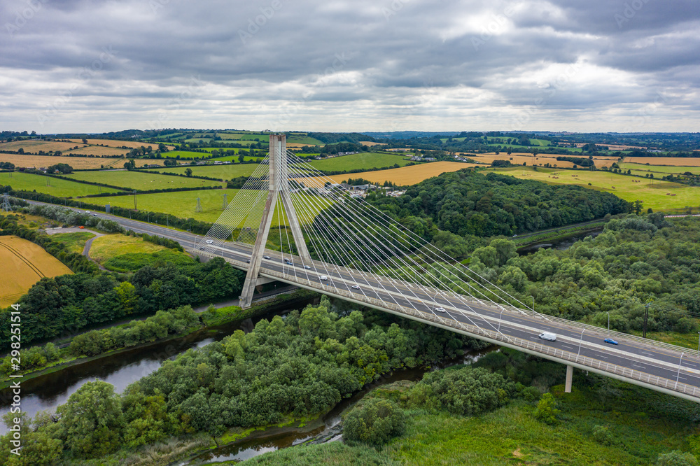 Aerial view, The Mary McAleese Boyne Valley Bridge is a cable-stayed ...