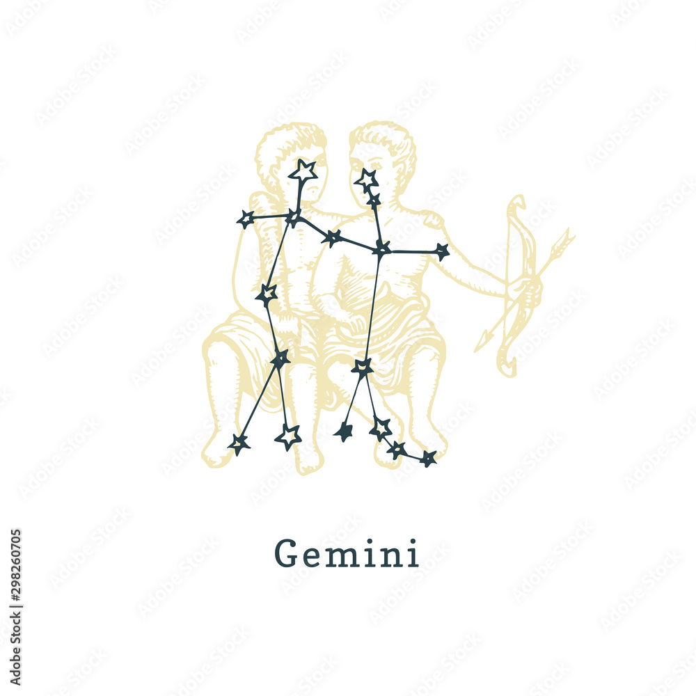 Zodiacal constellation of Gemini on background of drawn symbol in ...