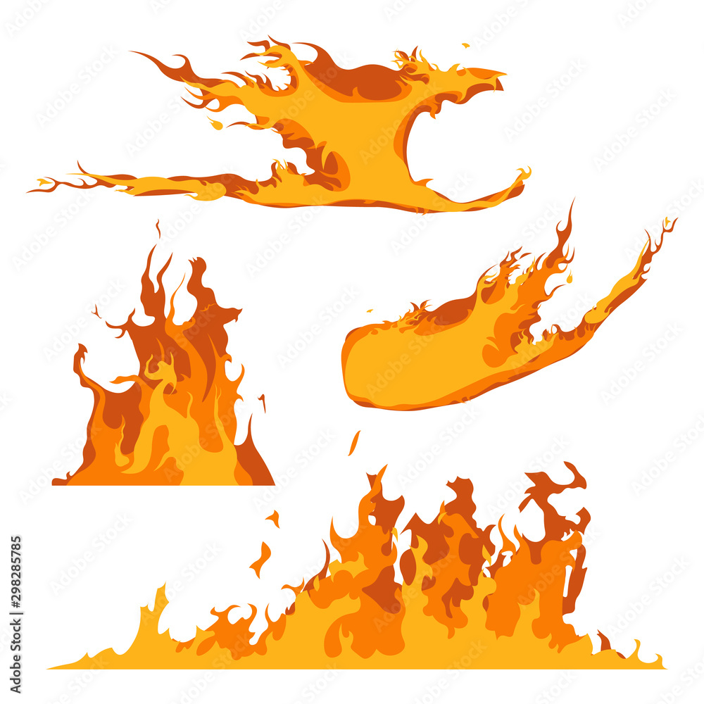 Cartoon Fire Flames Set and Line Light Effect for Web, Game Design Flat ...
