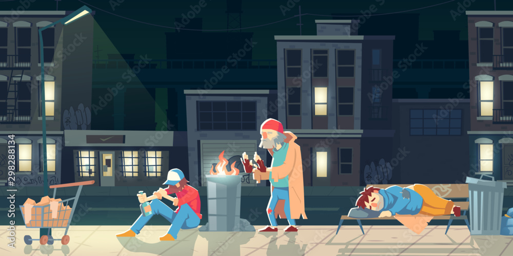 Vector de Stock Homeless people in ghetto. Beggars and bums in ragged ...