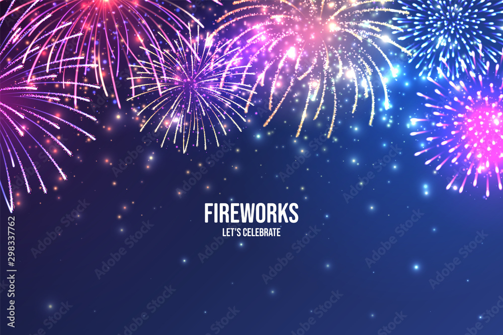 Festive fireworks. Realistic colorful firework on blue abstract ...
