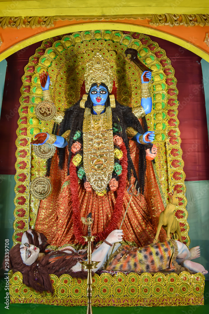 Idol of Goddess Maa Kali at a decorated puja pandal in Kolkata, West ...