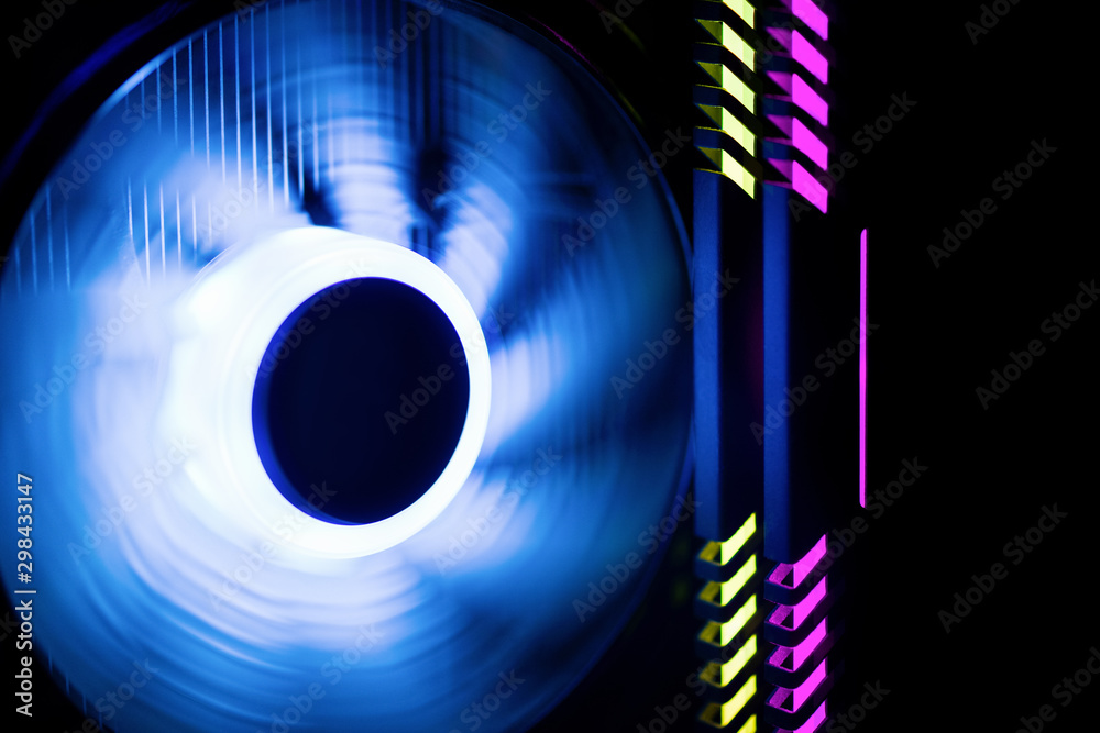 Inside a high performance computer. Powerful computer cooler in motion ...