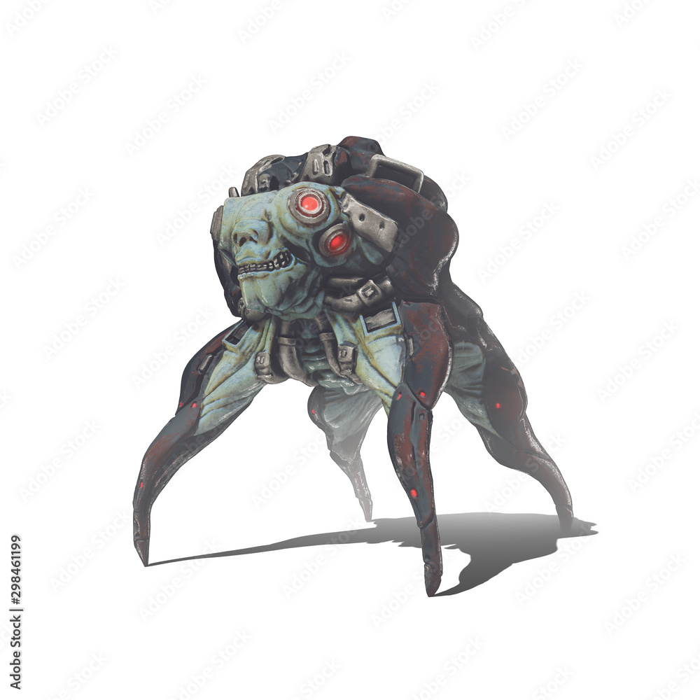 3d illustration of cyberpunk creature with red eyes isolated on white ...