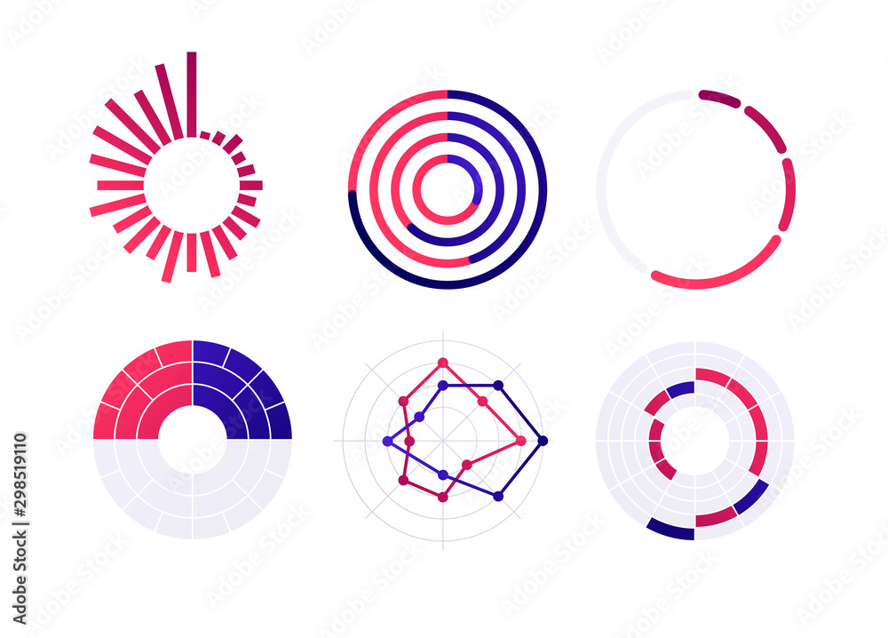 Vector color flat chart diagram icon illustration set. Red and blue ...