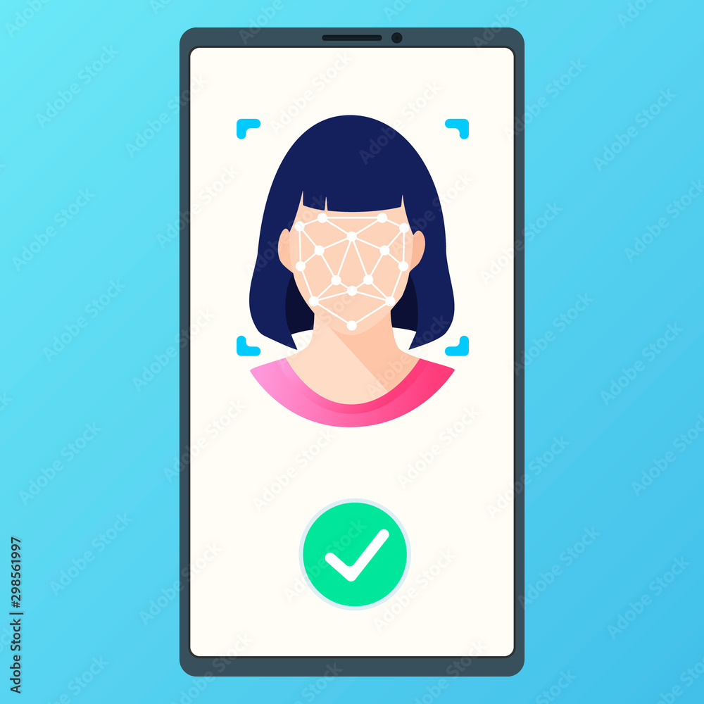 Face ID recognition and identification system. Scanning process woman's ...
