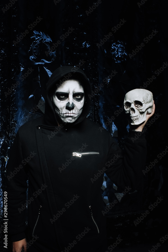 halloween make up. scary man ready for party. scary strange man with a ...