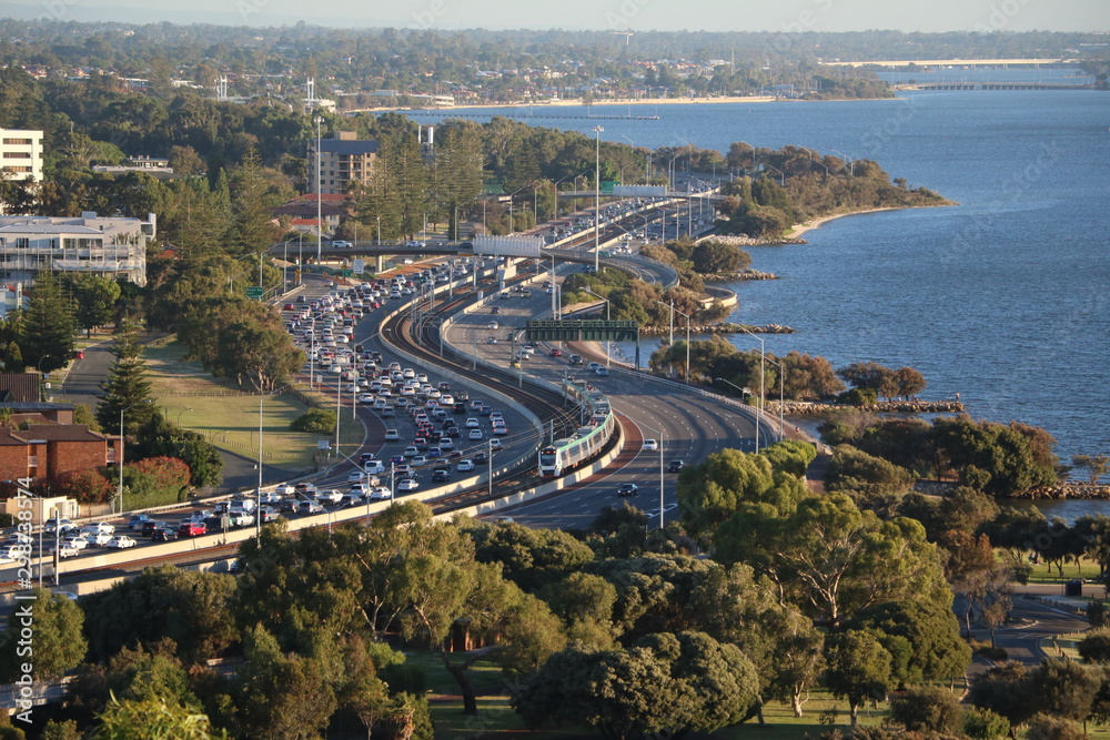 Freeway around Perth City at Swan River, Western Australia Stock Photo ...