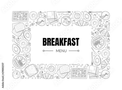 Breakfast Menu Banner Template, Morning Food Dishes Frame Vintage Hand ...