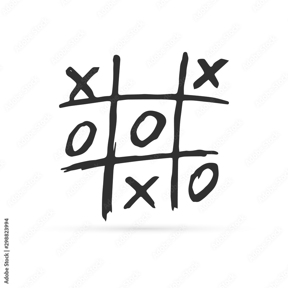 doodle tic tac toe game with cross and circle icon, kids hand drawing ...