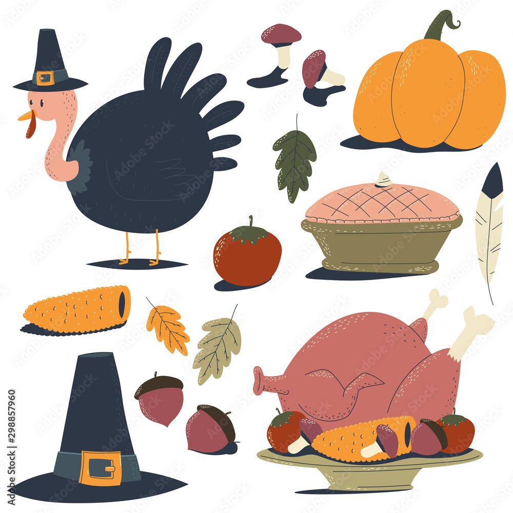 Thanksgiving day design elements vector cartoon set isolated on a white ...