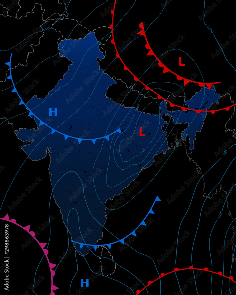 Weather map of the India. Meteorological forecast on a dark background ...