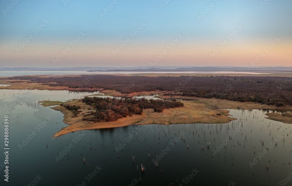 Lake Kariba in Zimbabwe, Africa. Landscape from the air, trees in the ...
