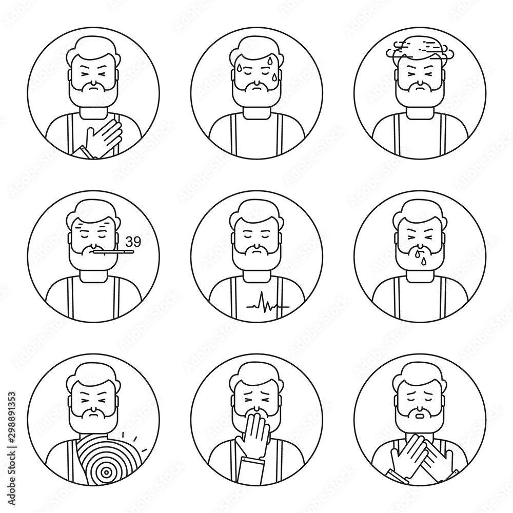 Human illness and diseases symptoms icons set. Ill man avatars. Thin ...