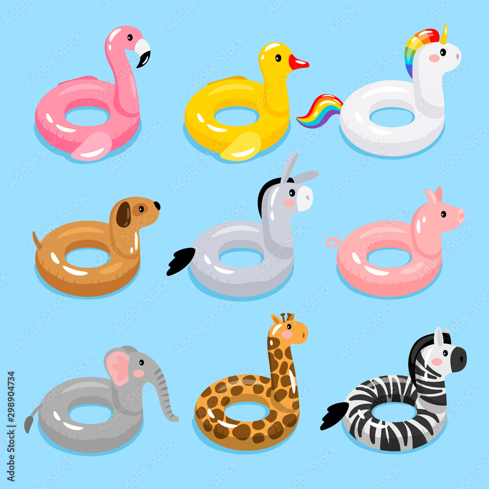 Animals pool float rings. Kids swimming rings with animal heads. Baby ...