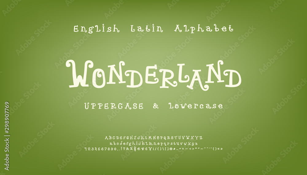 Wonderland, white curly font. Hand drawn vector alphabet. Capital and ...