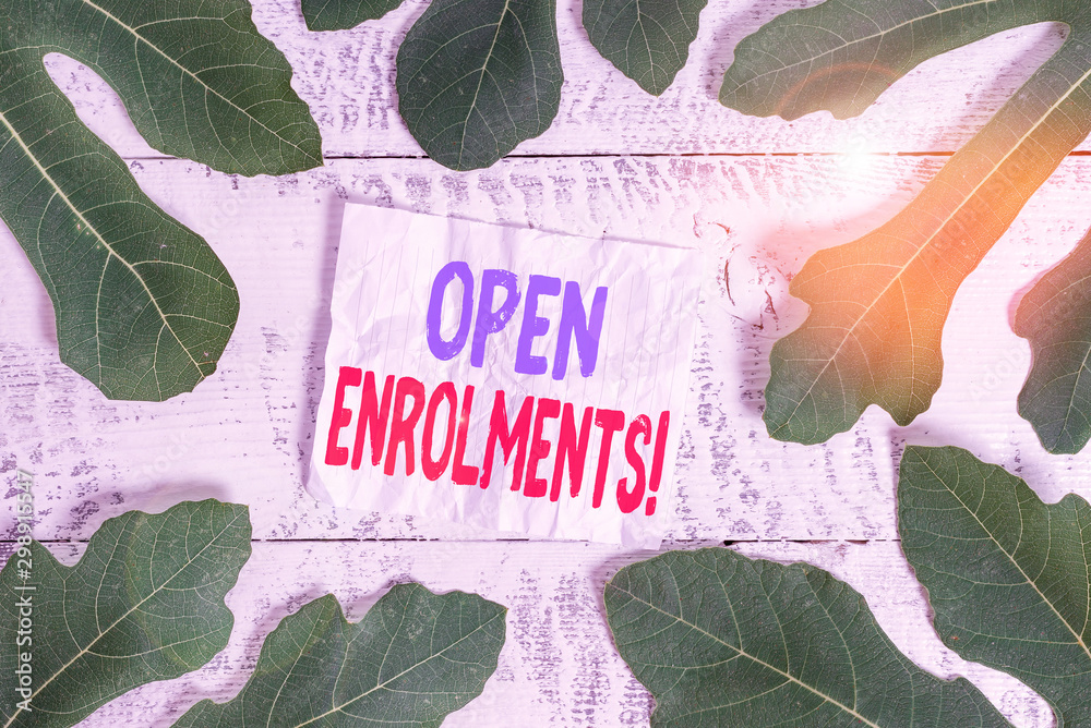 Text sign showing Open Enrolments. Business photo showcasing when ...