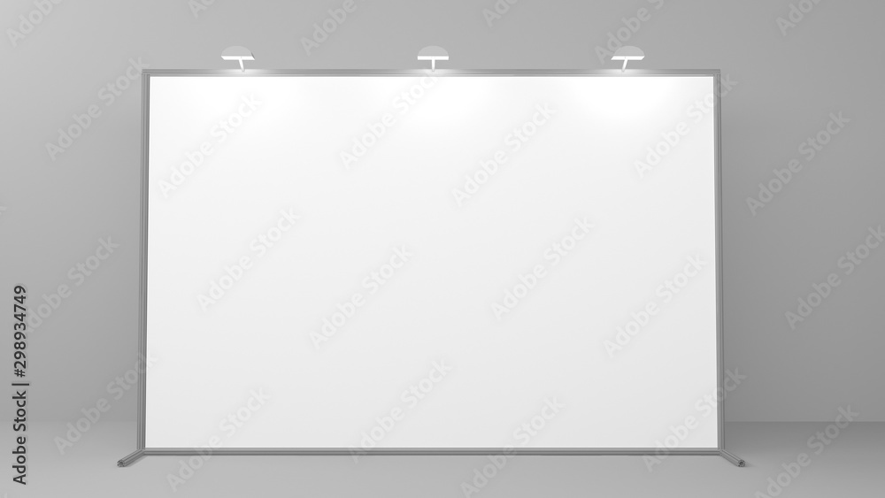 Billet press wall with blank banner. Mobile trade show booth white and ...